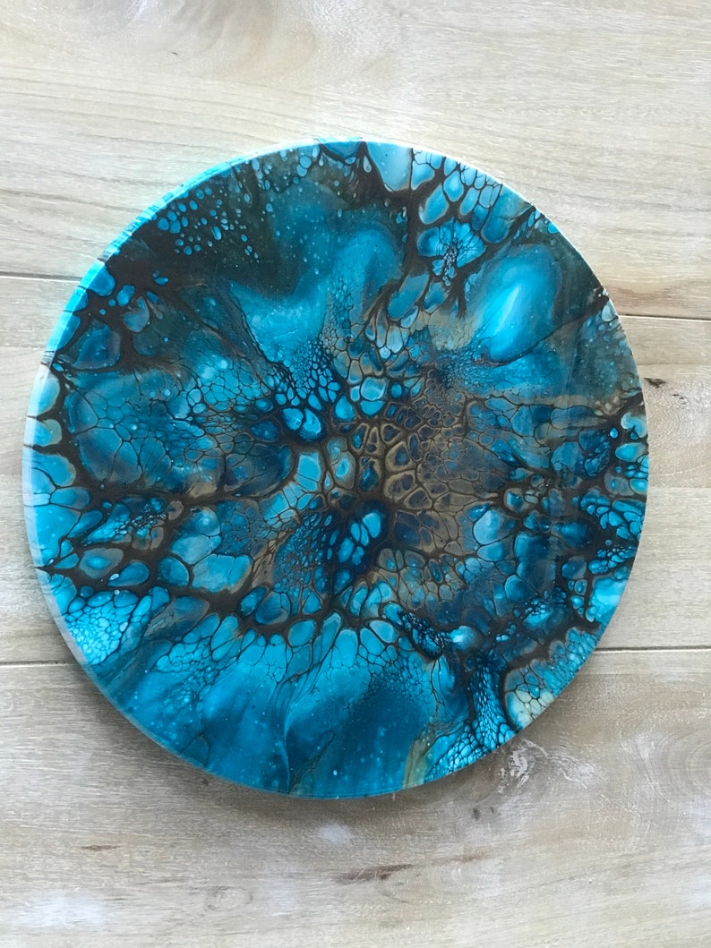 12" Resin Wood Decorative Tray, Ocean Blue, Light Brown Round Coaster ...