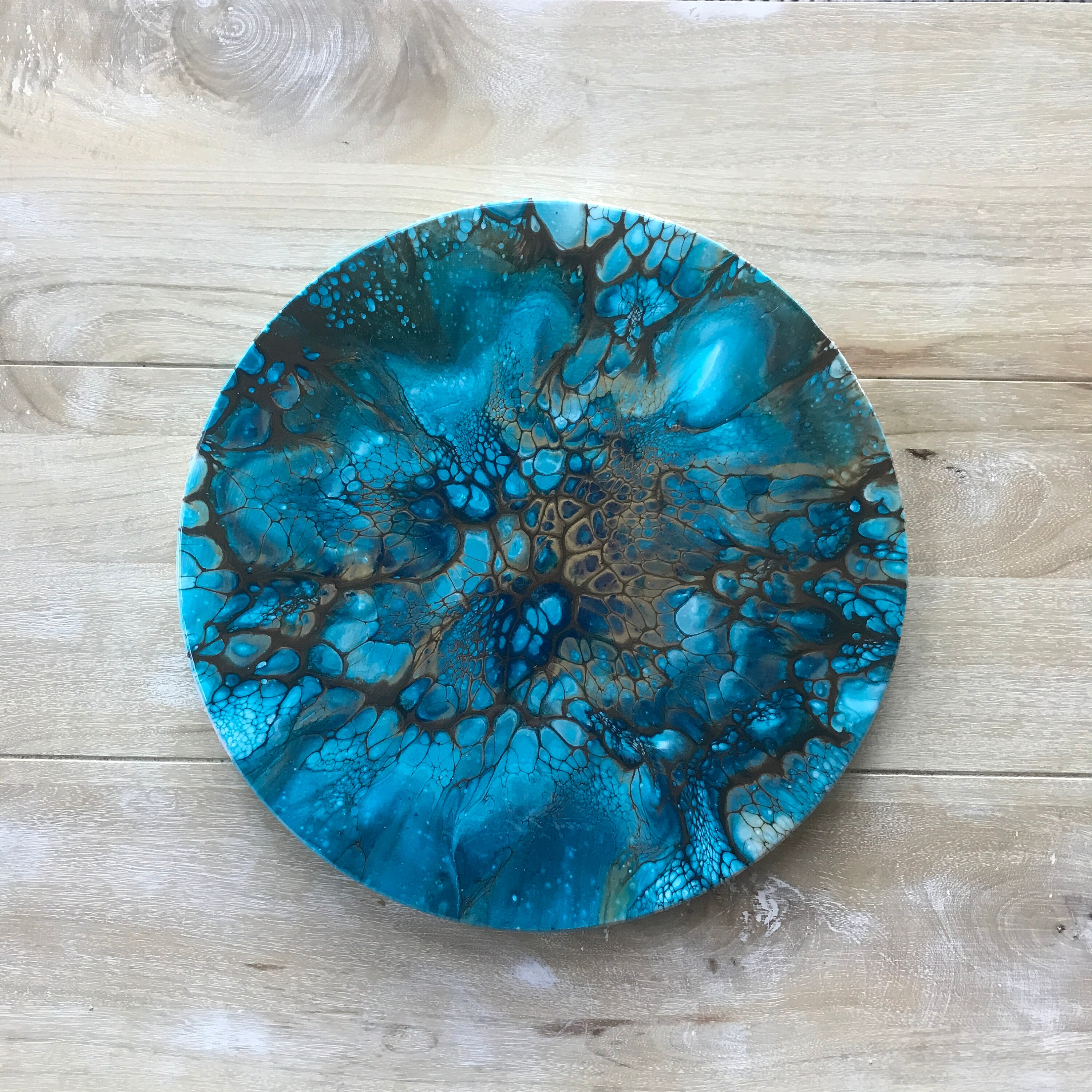12" Resin Wood Decorative Tray, Ocean Blue, Light Brown Round Coaster ...