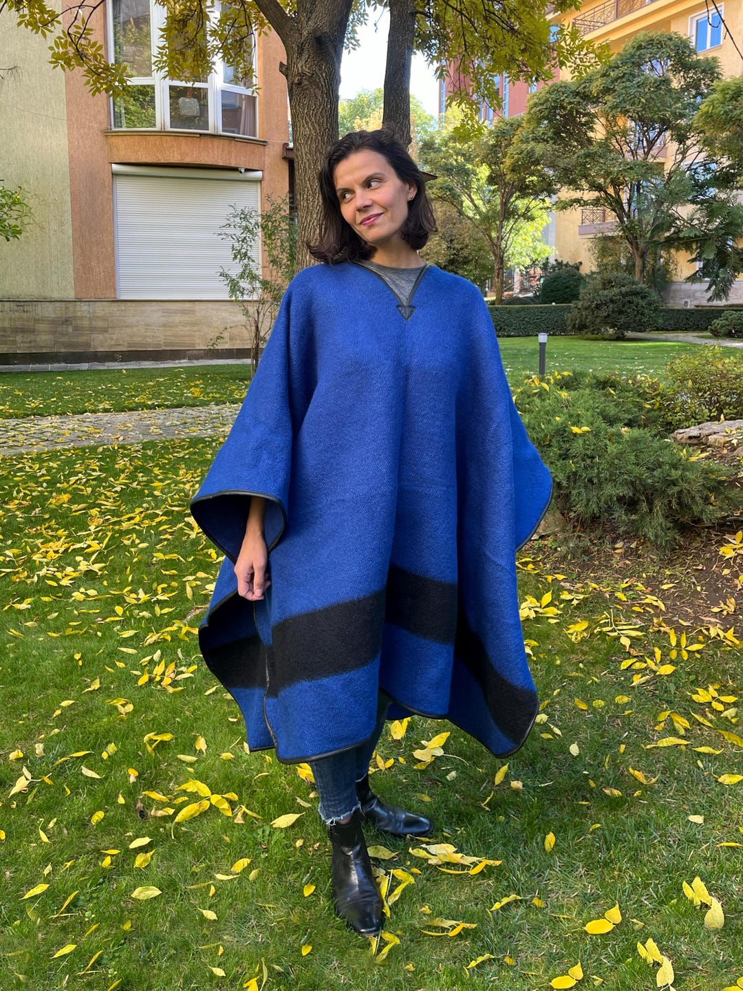 Wool Striped Poncho: Blue Blanket Cape - Etsy