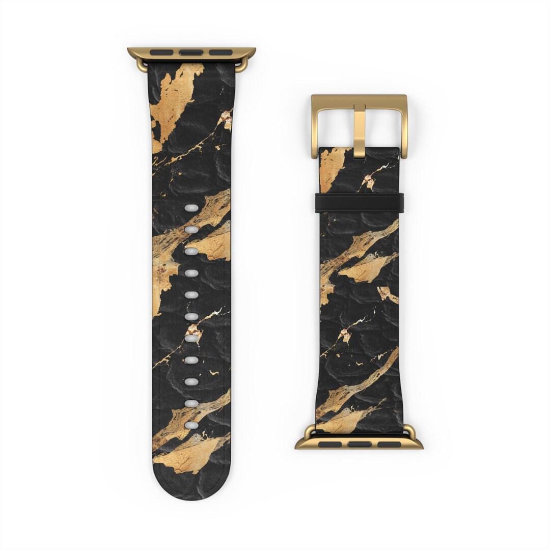 Watch Band, Marble & Crocodile Print Faux Leather, Black Gold Strap ...