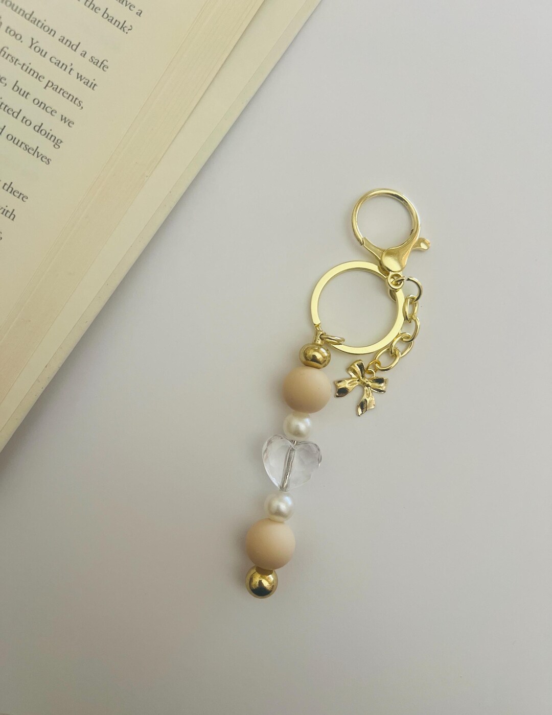 Bead Keychain, Bow Charm, Beige, Pearl, Gold, Clear Heart, Key Strap ...