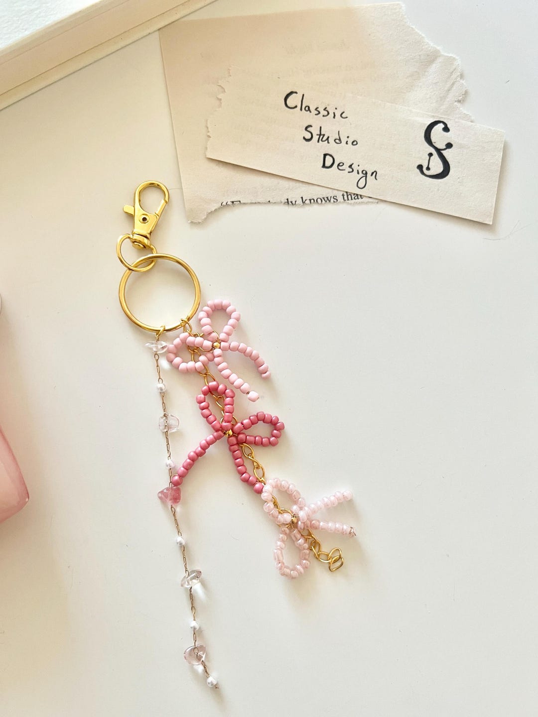 Pink Bow Keychain, Bead Key Strap, Gold Chain, Pearls, Pink Keychain ...