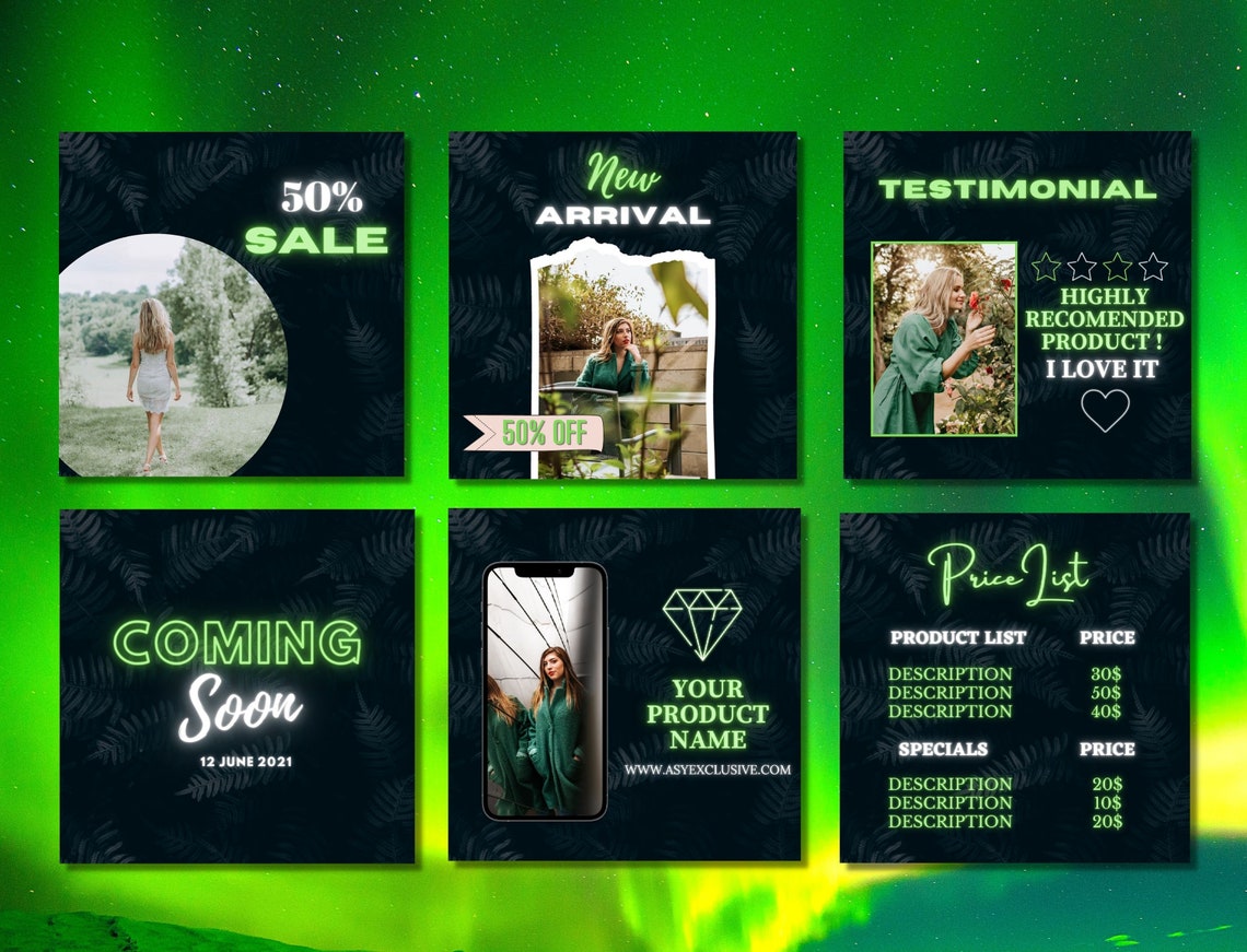 Green Neon Instagram Post Template Editable Instagram Business Post ...