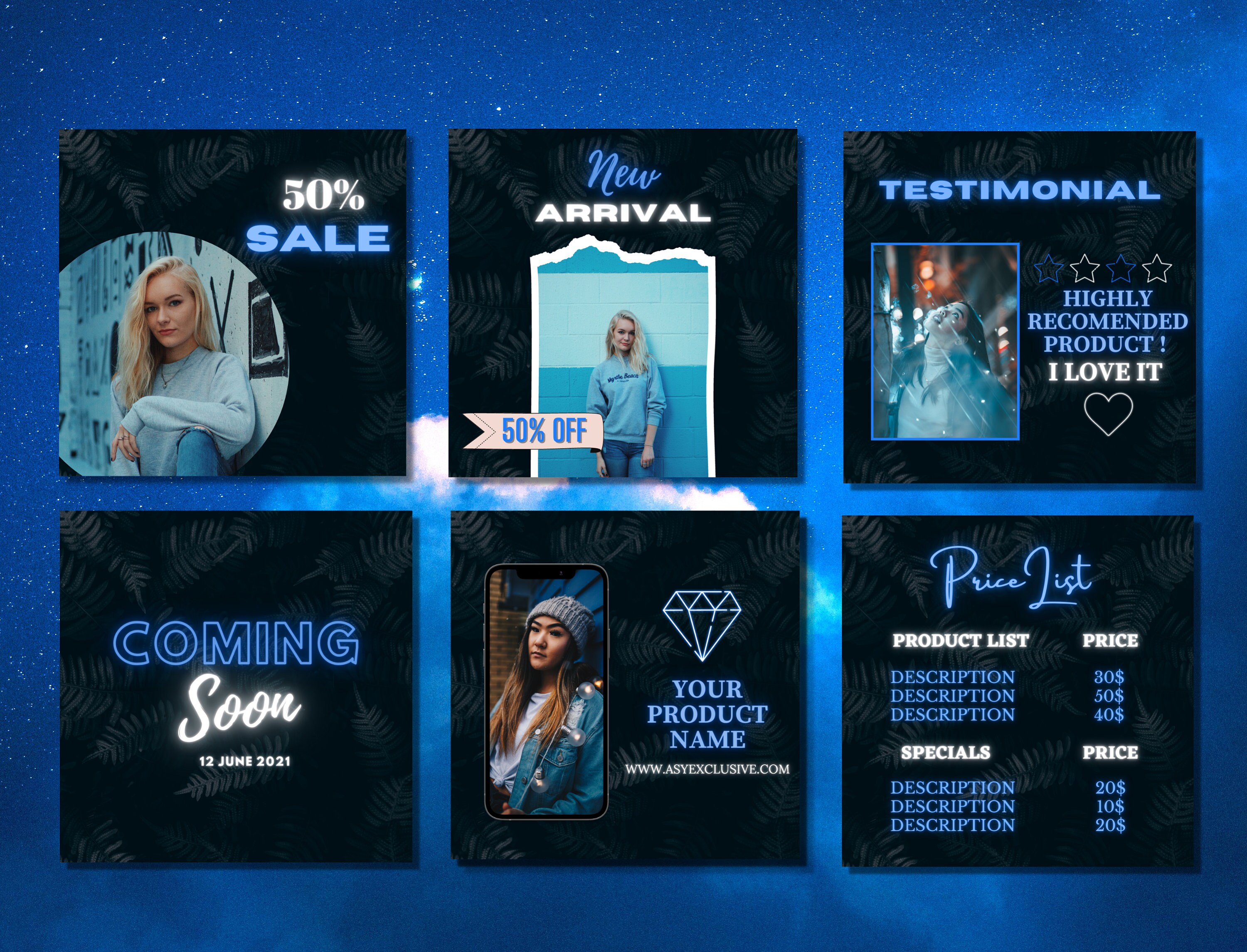 Blue Neon Instagram Post Template | Editable Instagram Business Post ...