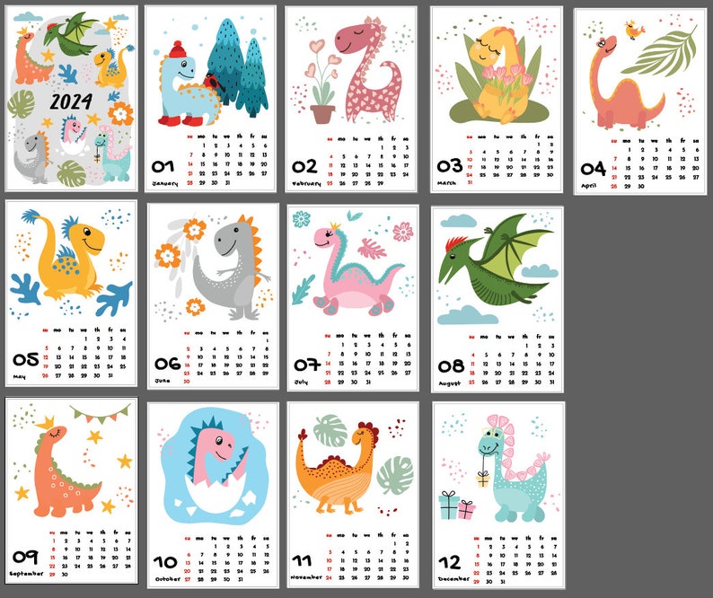 Printable 2024 Calendar Cute Dinosaur Calendar 2024 Planner Dinosaur ...