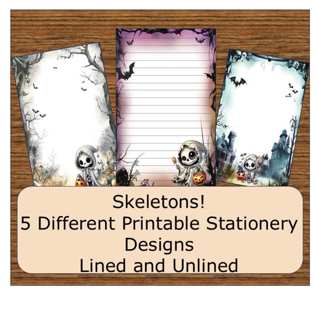 5 Different Cute Spooky Skeletons on Halloween Stationery Lined ...