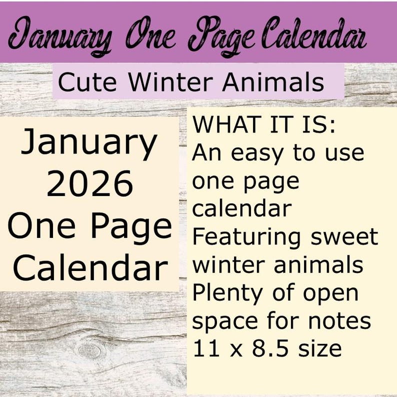 January 2026 One Page Printable Calendar | Cute Winter Animals - Etsy