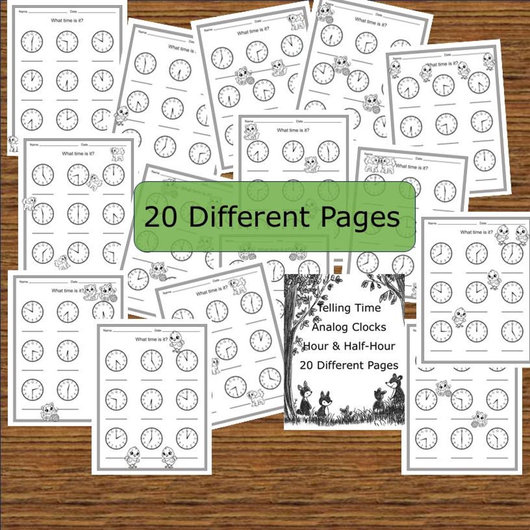 Telling Time Worksheets, Analog Clocks, Hour & Half Hour, Printable ...