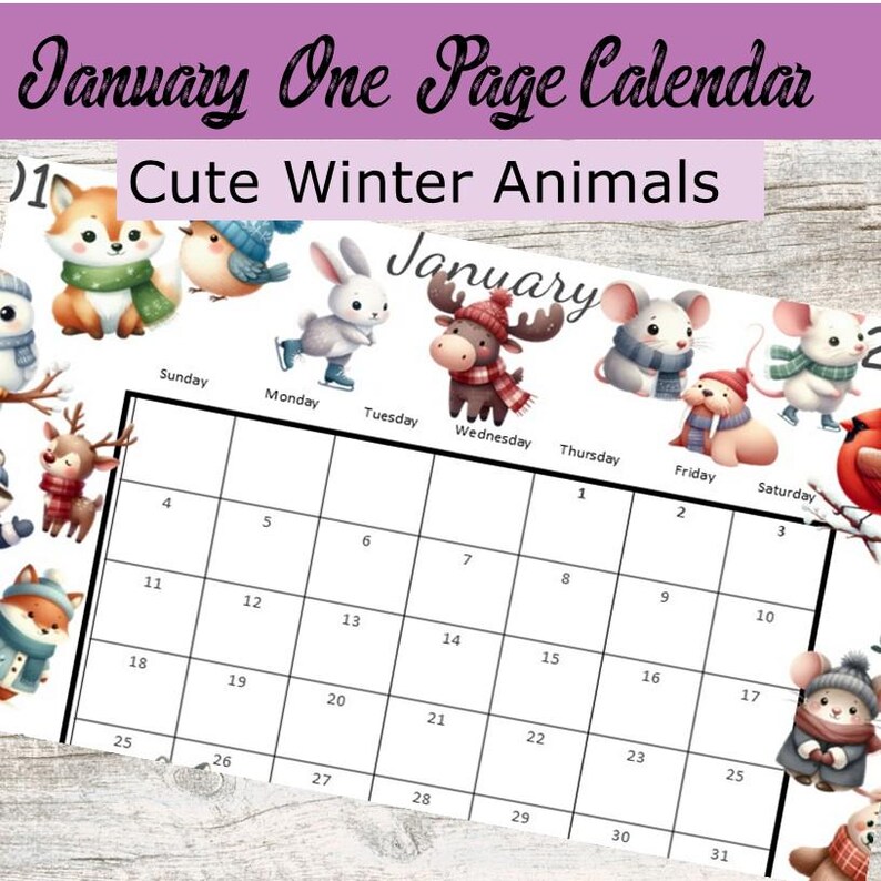 January 2026 One Page Printable Calendar | Cute Winter Animals - Etsy