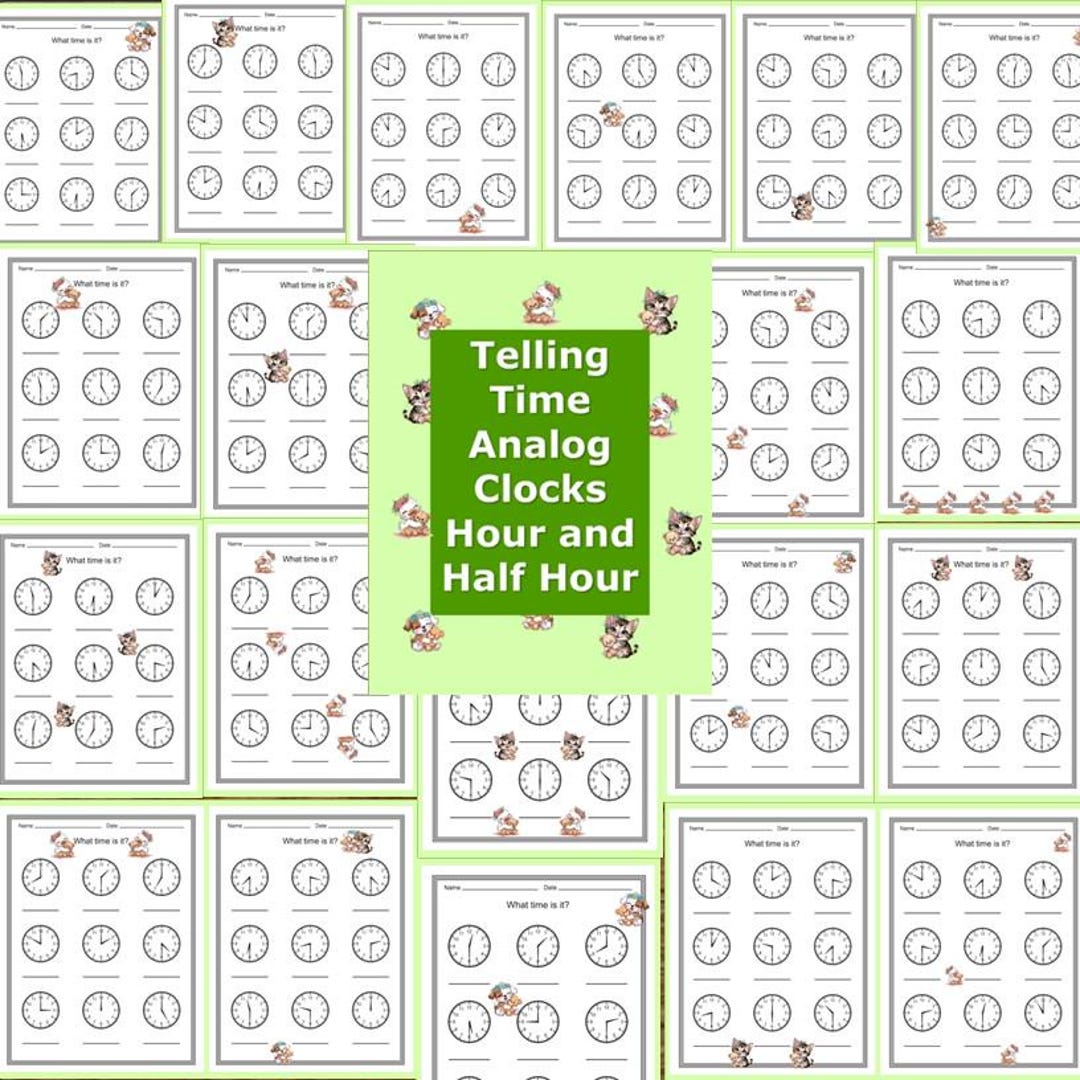 Telling Time Worksheets, Analog Clocks, Hour & Half Hour, Printable ...