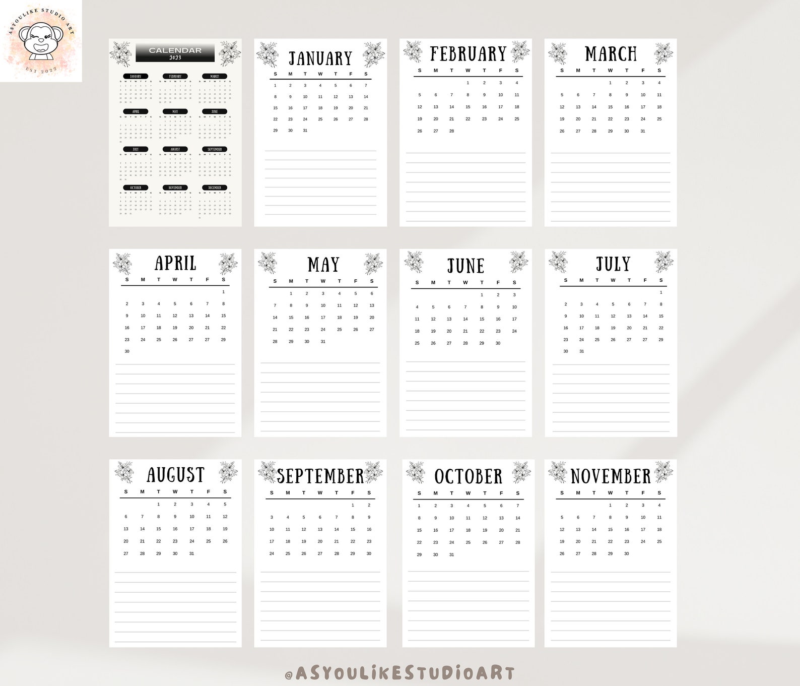 2023 Editable & Printable Calendar Potrait, Calendar Template Canva ...