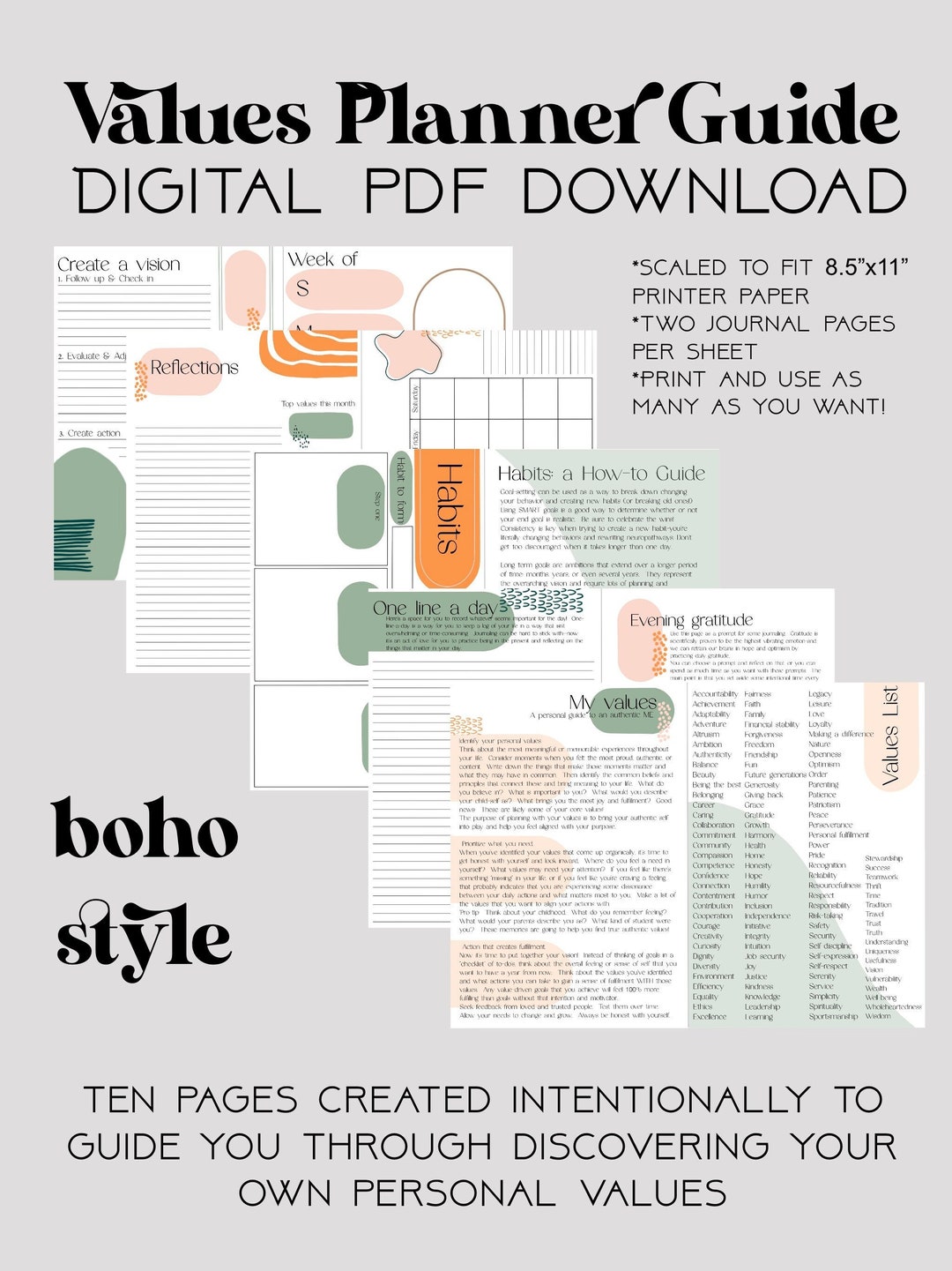 VALUES PLANNER GUIDE— Digital Download—pdf Download—boho Planner—bujo ...