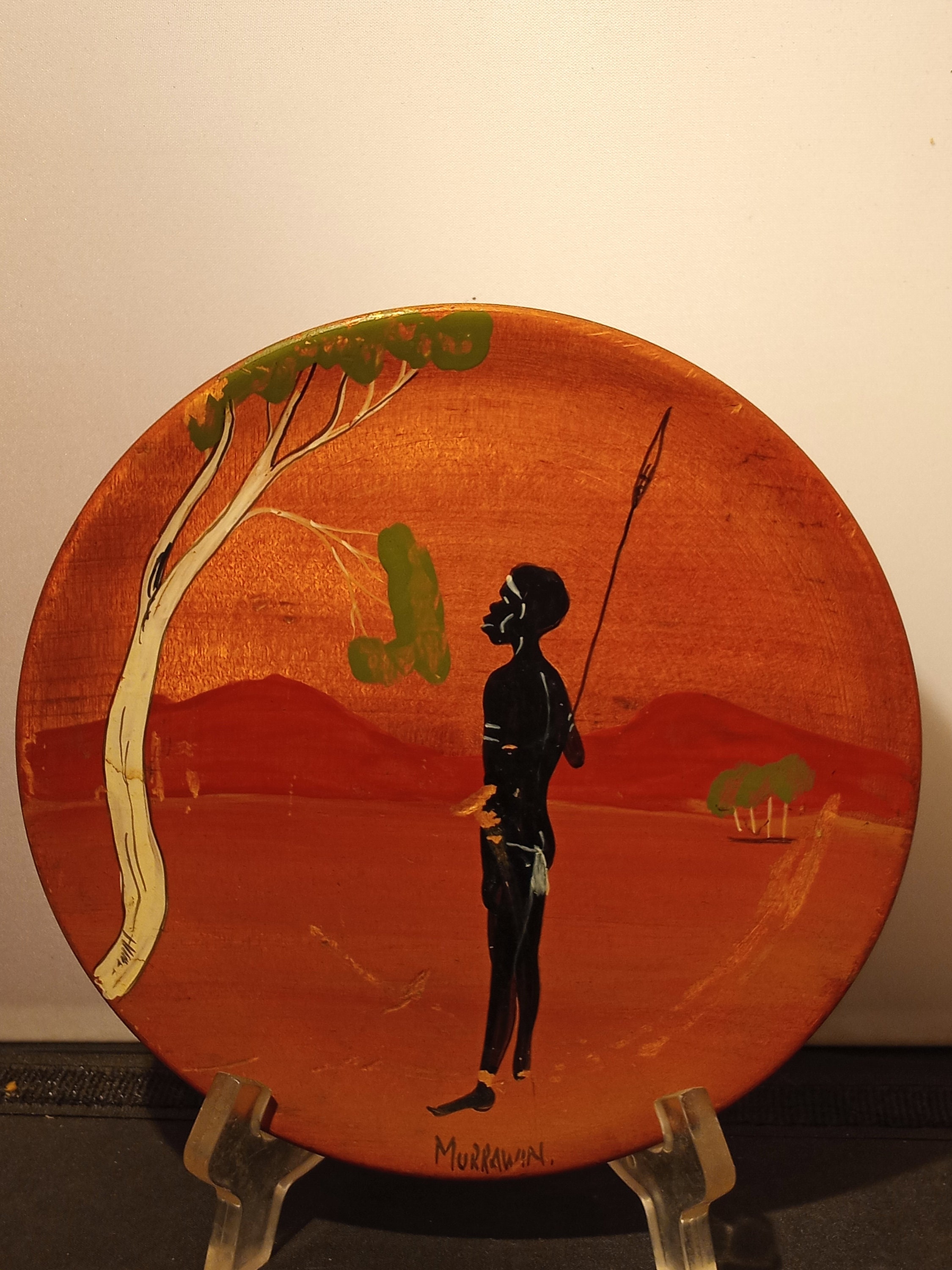 Vintage 1950s Bill Onus Painted Wood Plate Aboriginal Man With Spear ...