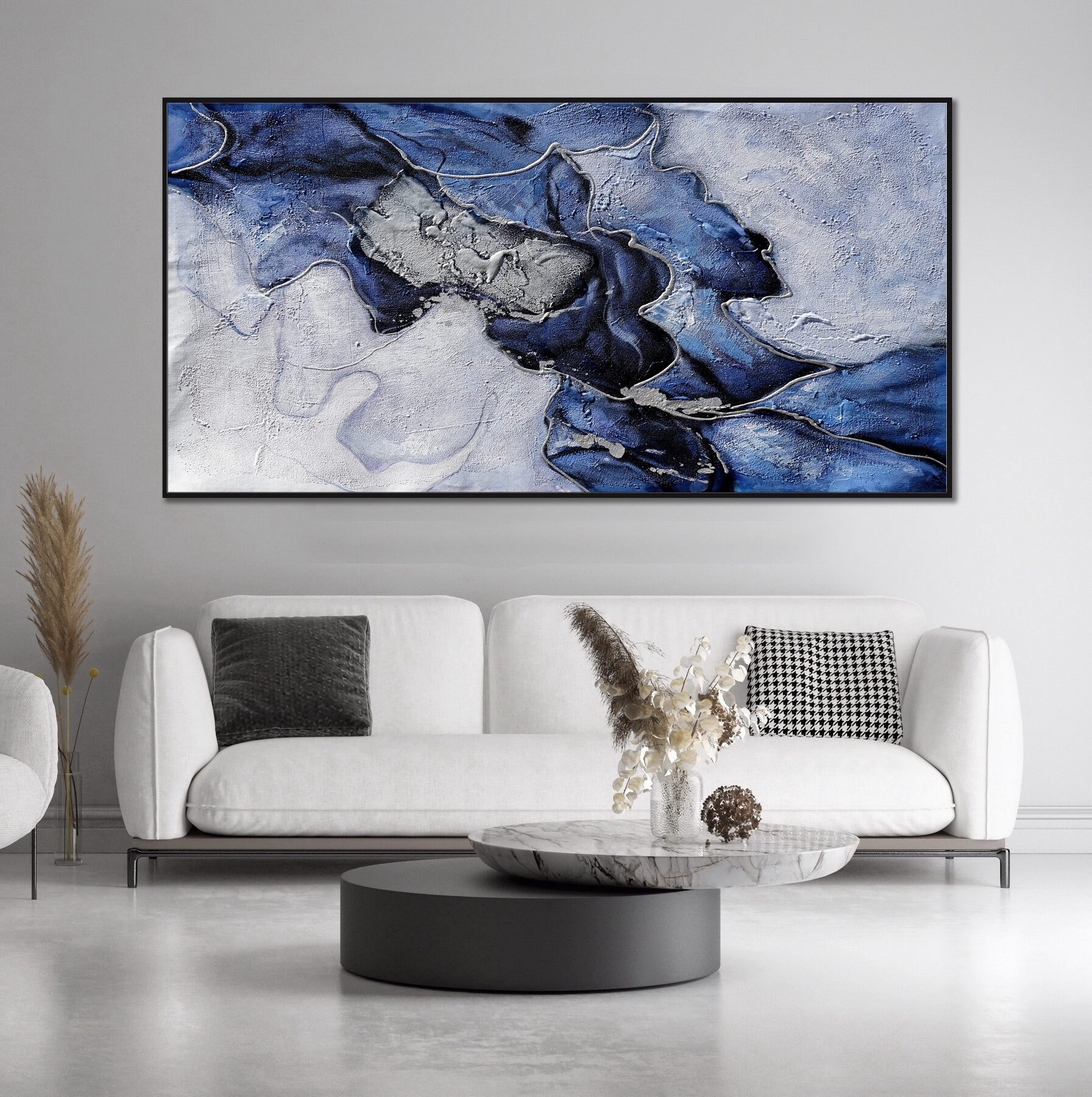 Blue Silver Marble Art Blue Silver Marble Canvas Navy Blue | Etsy