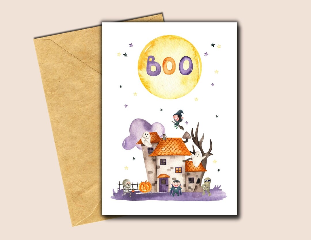 Printable Halloween Card, Printable Cards, Haunted House, Watercolor ...