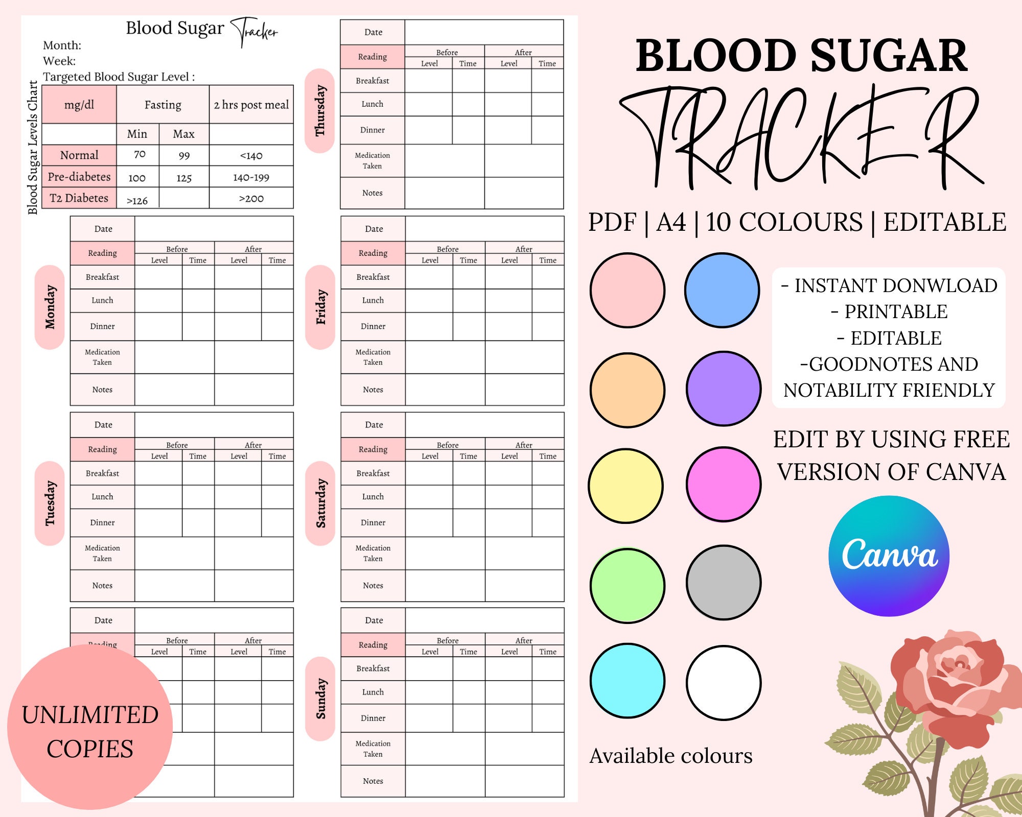 DAILY Blood Sugar Tracker | Daily Diabetes Journal | Health Care ...