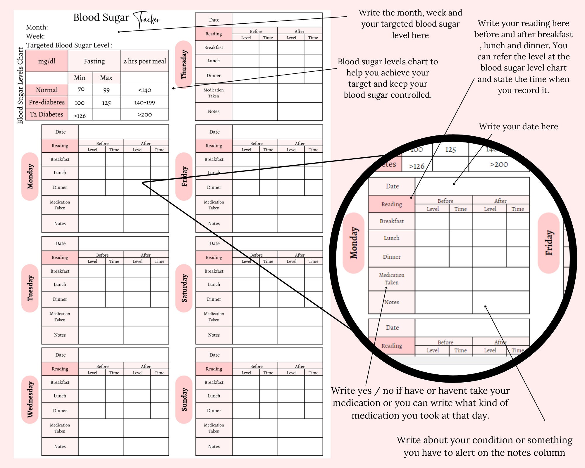 DAILY Blood Sugar Tracker | Daily Diabetes Journal | Health Care ...
