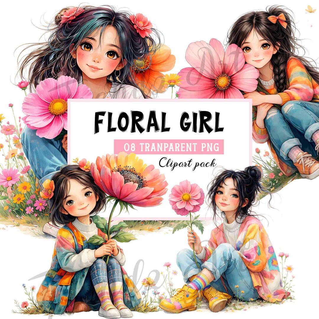 Floral Girl Clipart Bundle | Watercolor Flower | Cute Floral ...