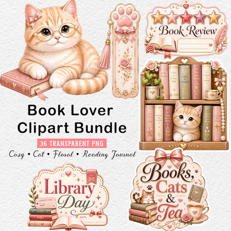Book Lover Clipart Bundle, 36 PNG, Bookish, Cat, Coquette, Reading ...