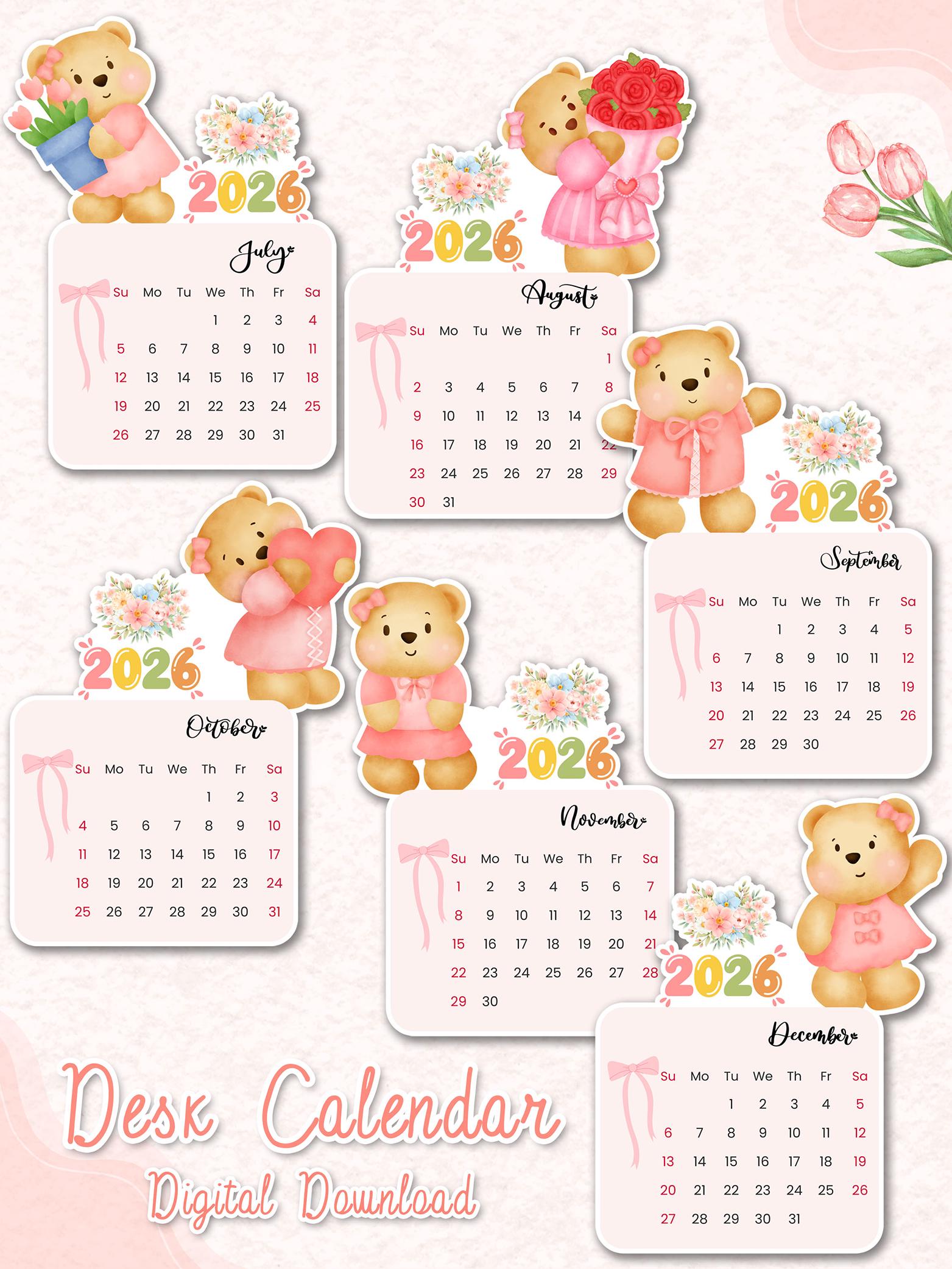 2026 Cute Bear Desk Calendar for Girls | Printable 12 Month Calendar ...