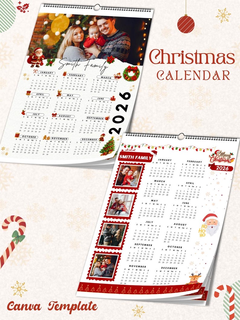 Editable Christmas Calendar 2026 | Family Photo Canva Template ...