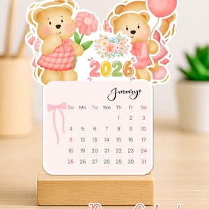 2026 Cute Bear Desk Calendar for Girls | Printable 12 Month Calendar ...