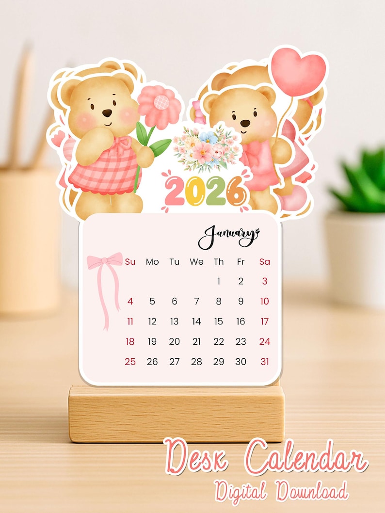 2026 Cute Bear Desk Calendar for Girls | Printable 12 Month Calendar ...