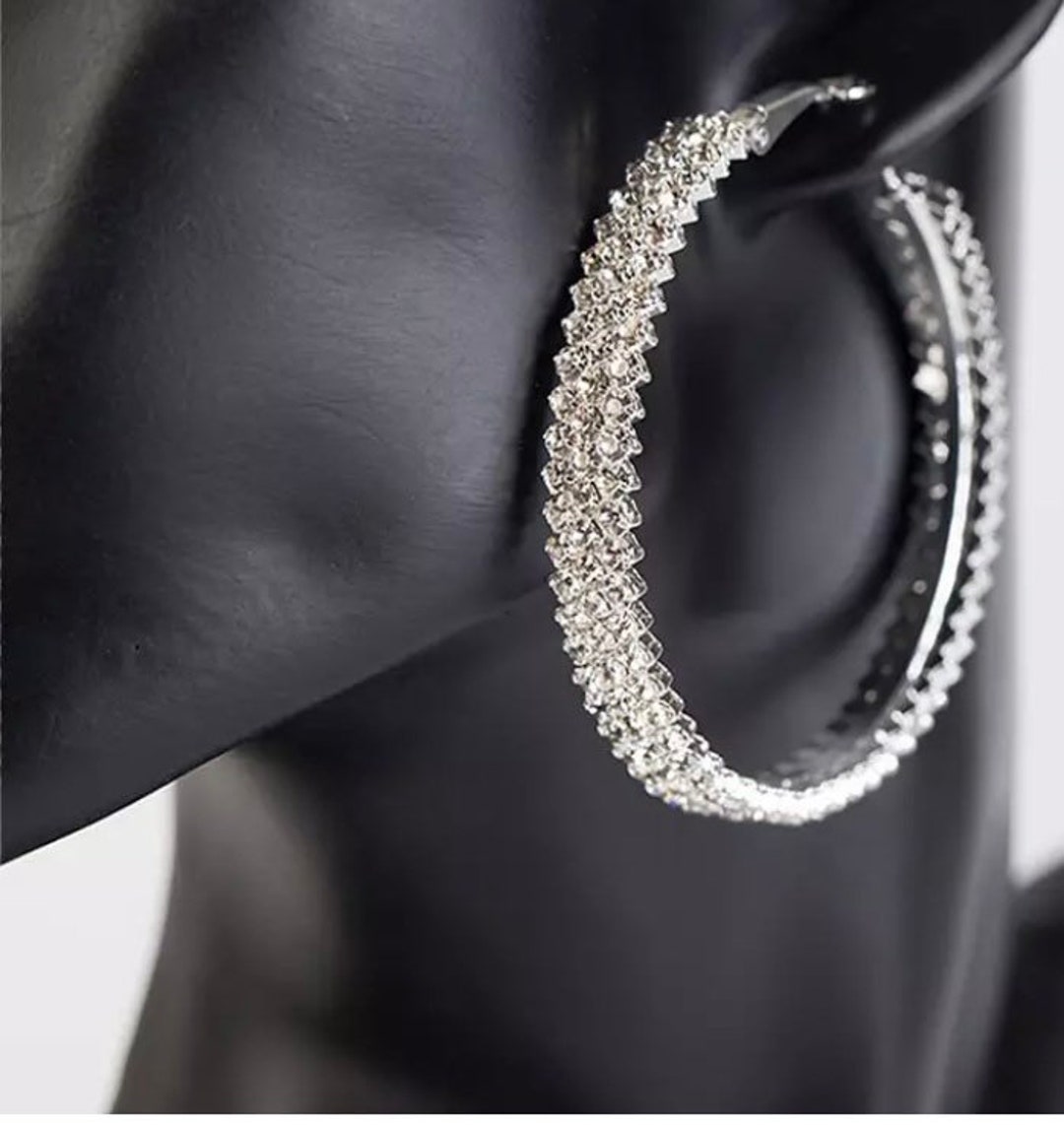 Chunky Silver Hoops, Bling Hoops, Large Hoops, Pageant Earrings - Etsy