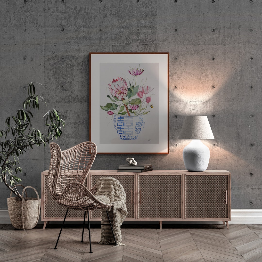 Purple Protea Watercolor Print, Floral Art in Blue Oriental Pot - Etsy