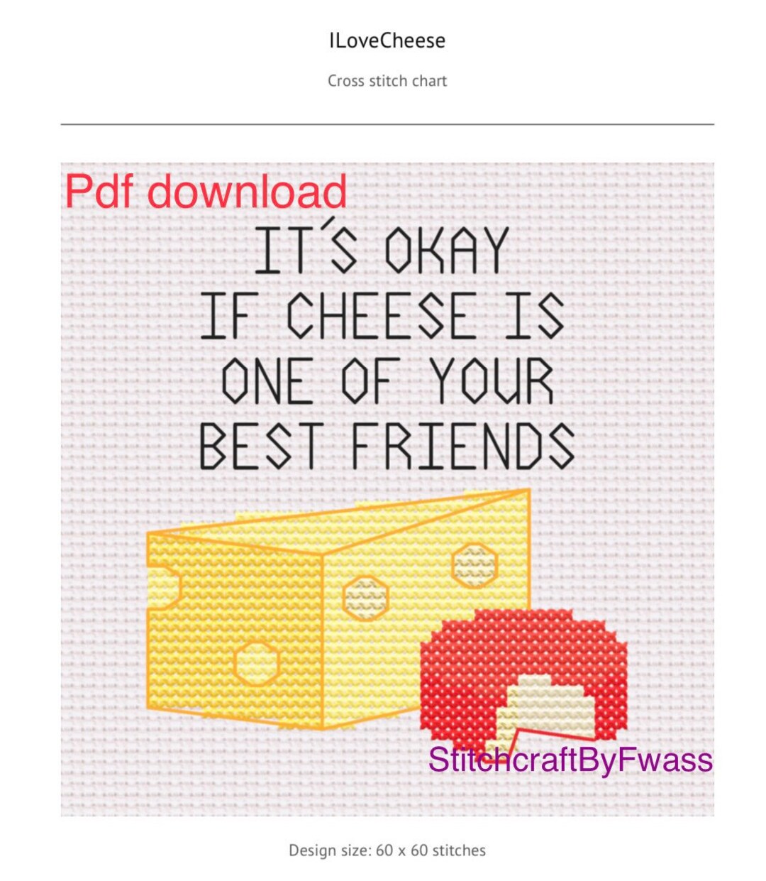 Funny Cross Stitch Pattern Quote Cheese Is My Best Friend Kitchen