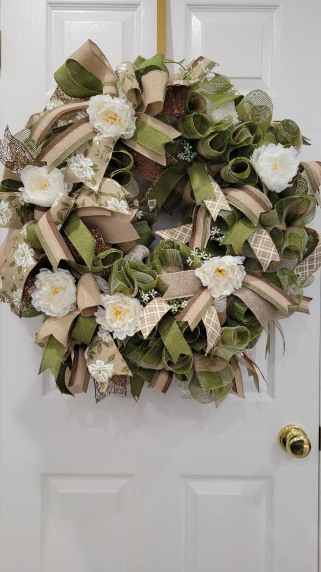 Magnolia Flower Wired Ribbon Deco Mesh Front Door Porch Wreath Mother's ...