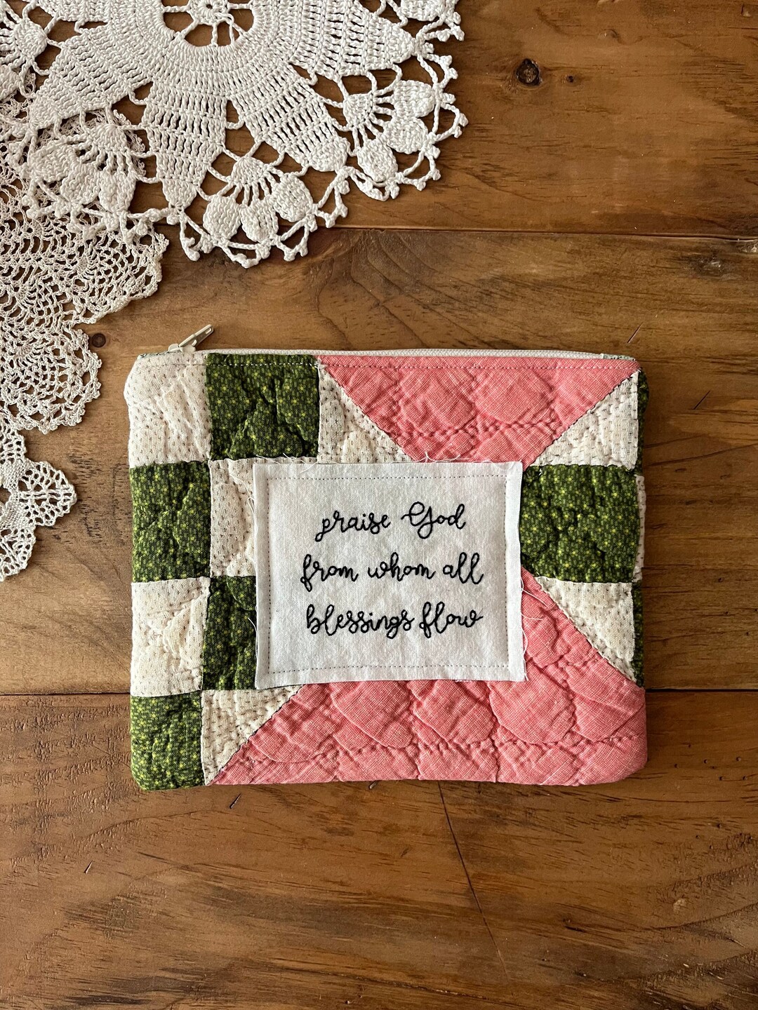 Vintage Quilt Zipper Pouch Bag, Hand Embroidered, Country Home Decor ...