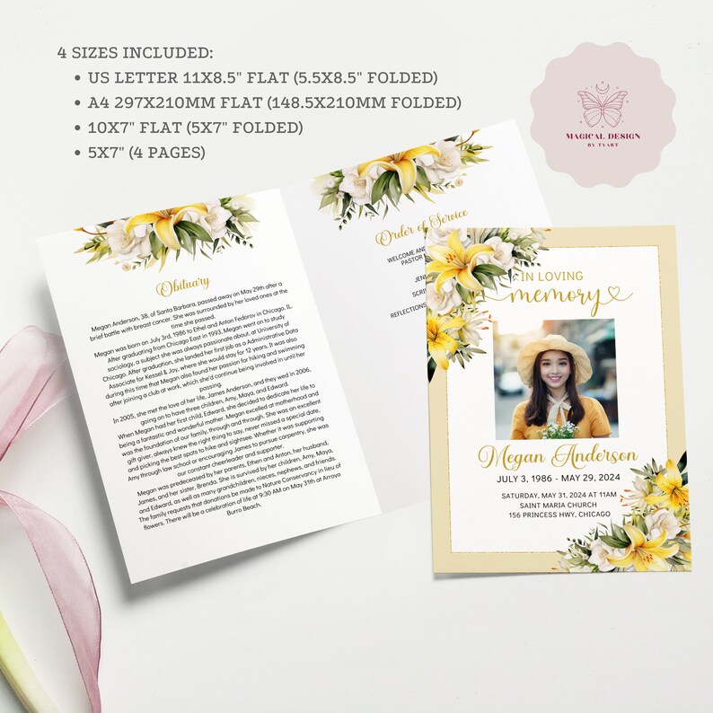 Yellow Flowers Funeral Program Template, Lily 4 Page Obituary Template ...