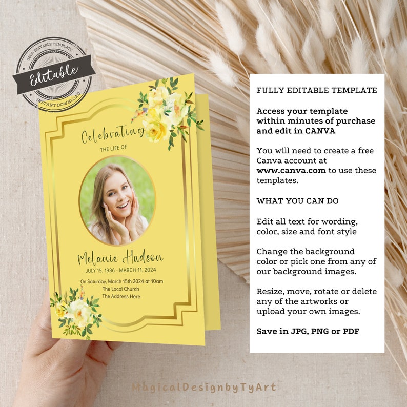 Editable Golden Yellow Funeral Program Template for Women, 4 Page ...