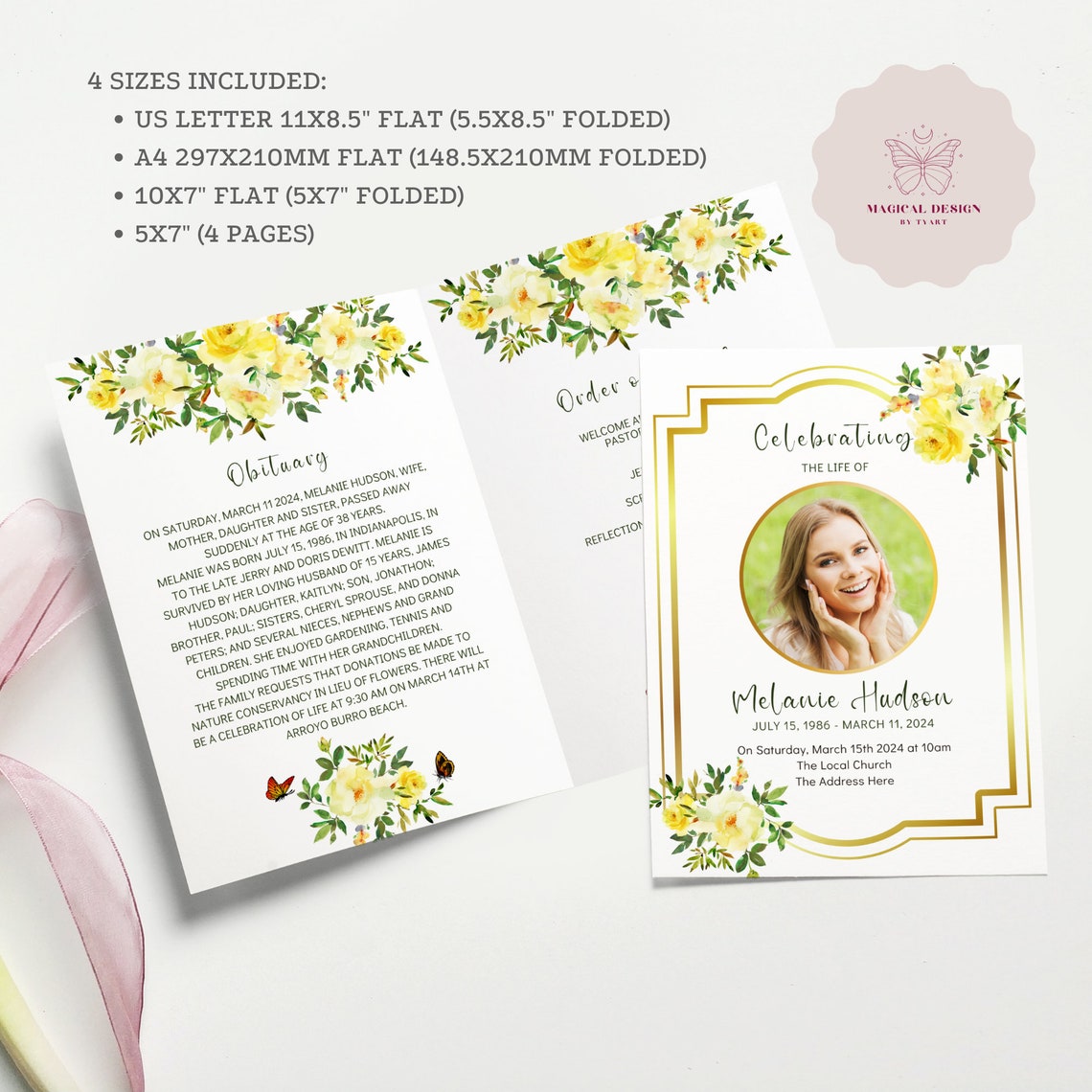 Editable Golden Yellow Funeral Program Template for Women, 4 Page ...