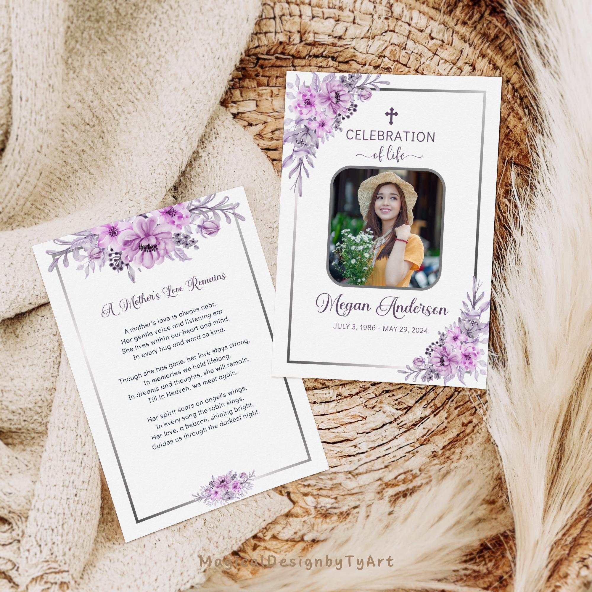 Editable Funeral Prayer Card Template for Mother, Purple Flower in ...
