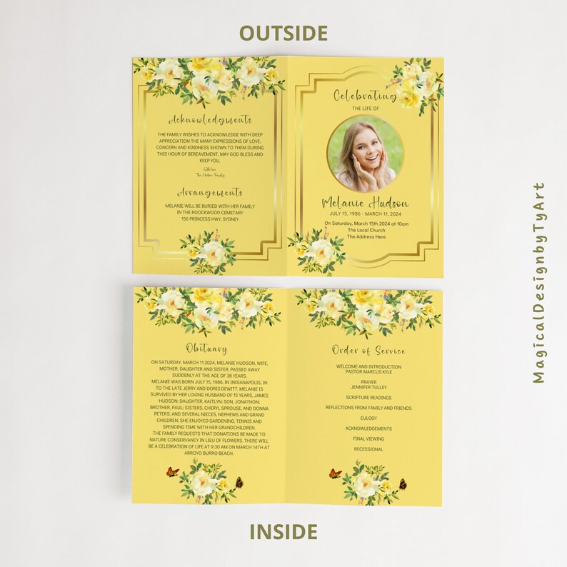 Editable Golden Yellow Funeral Program Template for Women, 4 Page ...