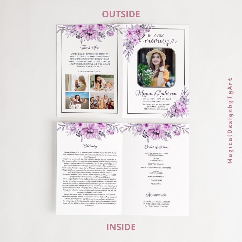 Editable Purple Floral Funeral Program Template for Women, 4 Page ...