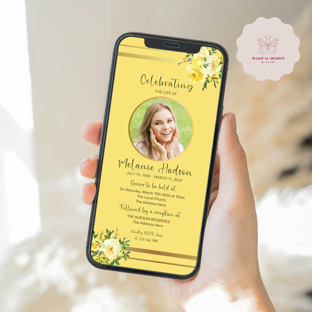 Digital Funeral Invitation Celebration of Life Golden Yellow Memorial ...