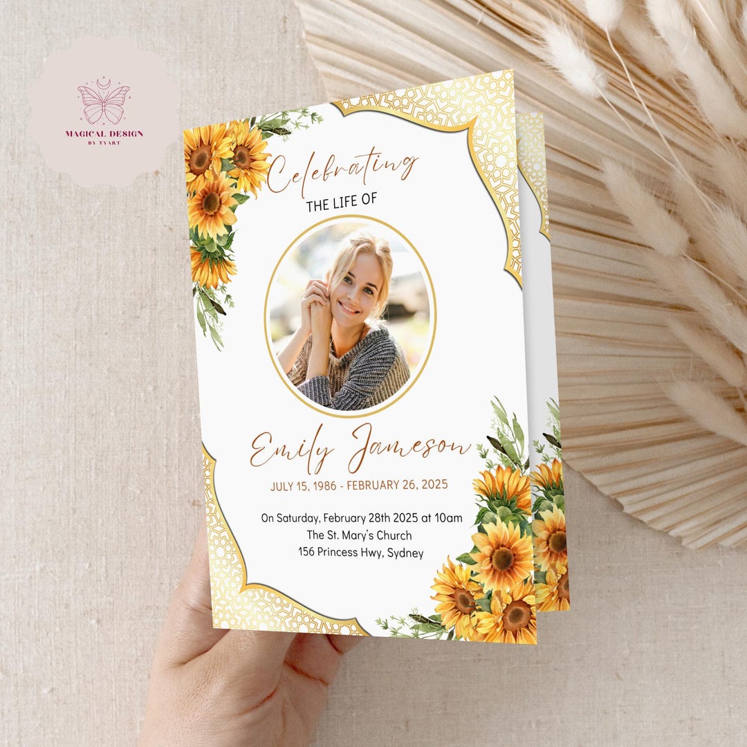 Sunflower Funeral Program Template for Women, Yellow Floral Memorial ...