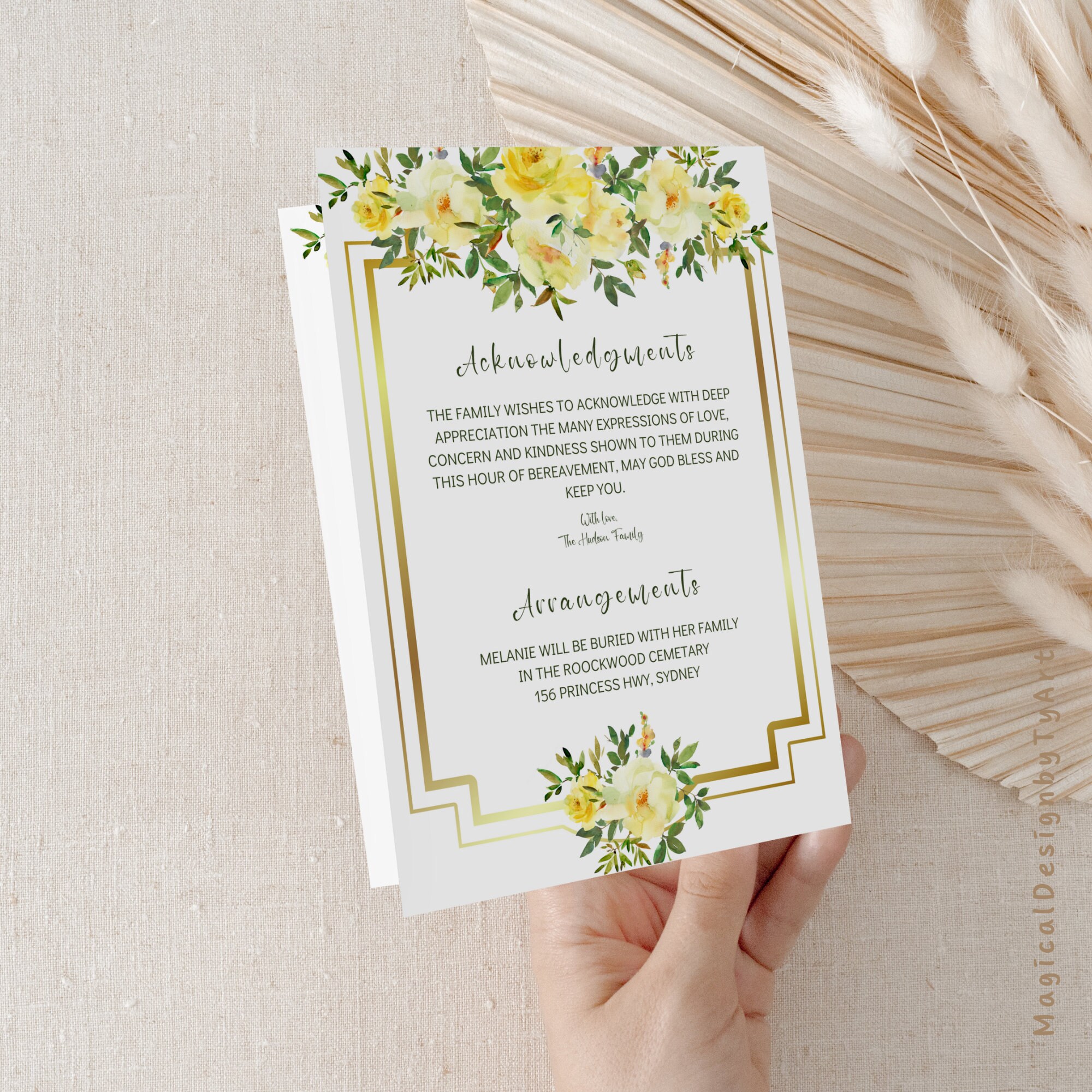 Editable Golden Yellow Funeral Program Template for Women, 4 Page ...