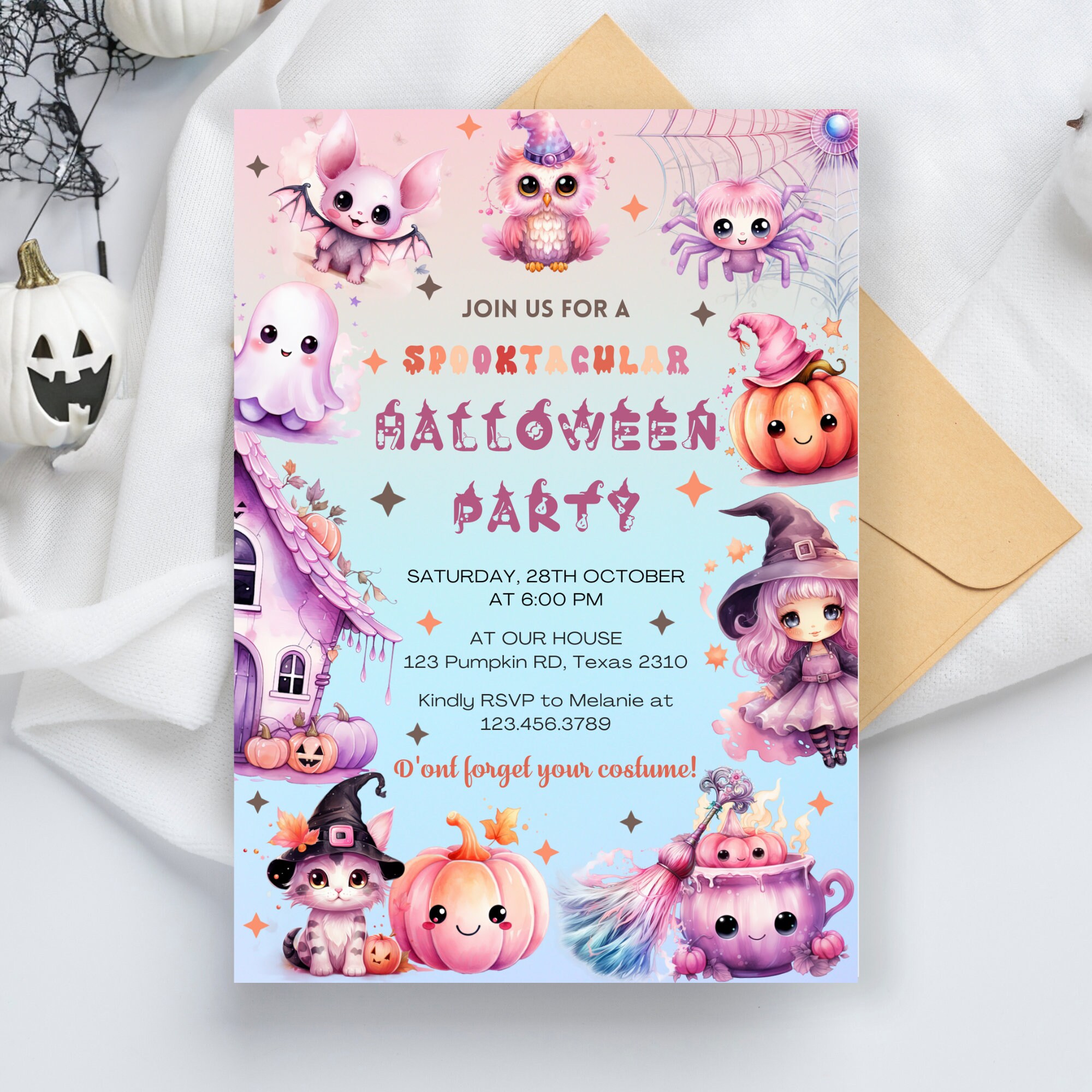 Editable Cute Halloween Party Invitation, Pink Ghost Invitation ...