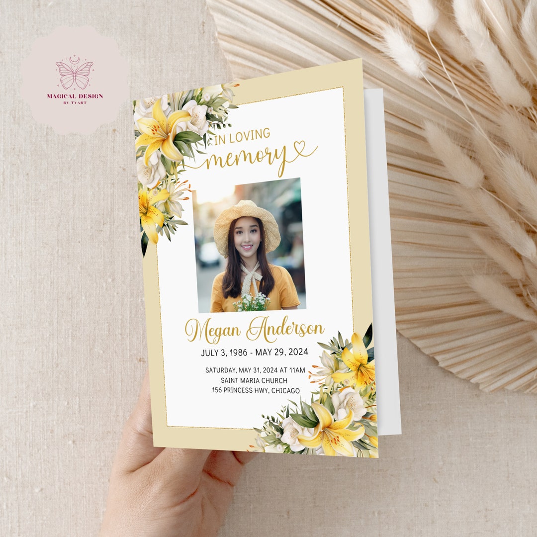 Yellow Flowers Funeral Program Template, Lily 4 Page Obituary Template ...