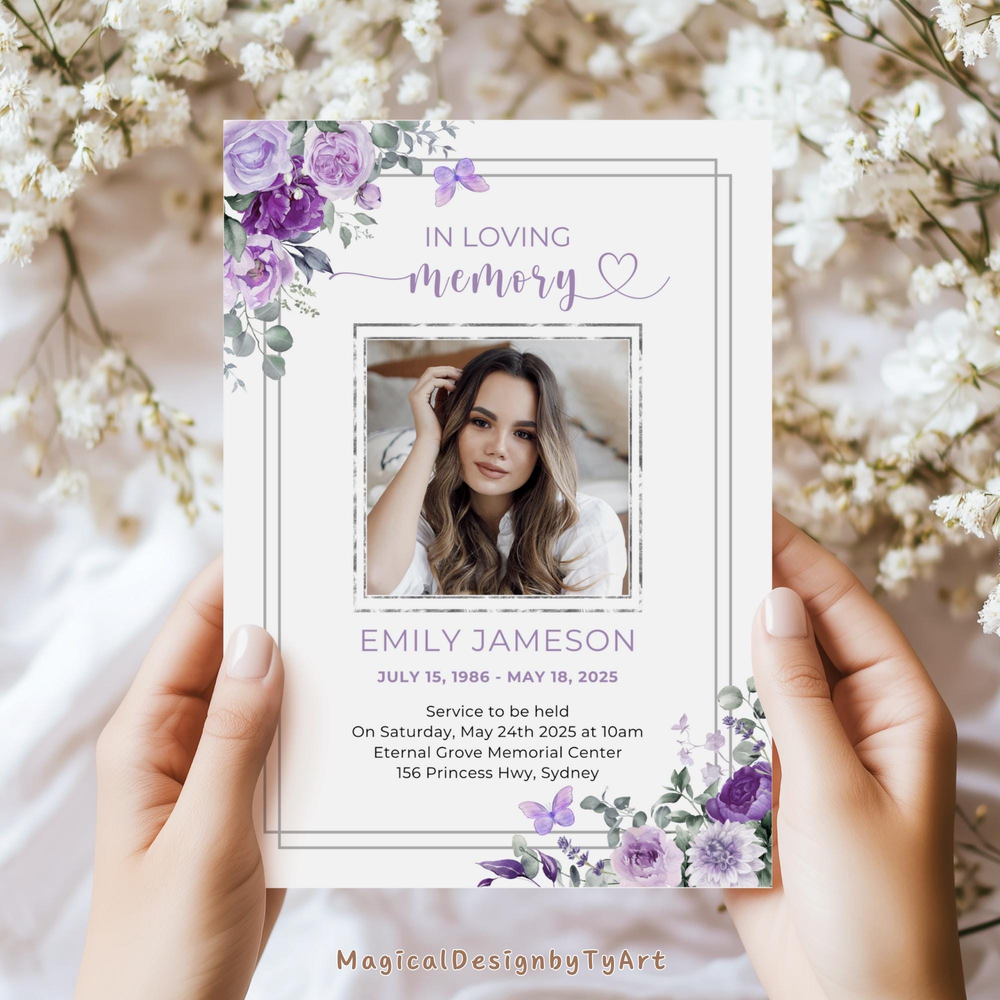 Purple Butterfly Funeral Invitation Template, Purple Roses Memorial ...