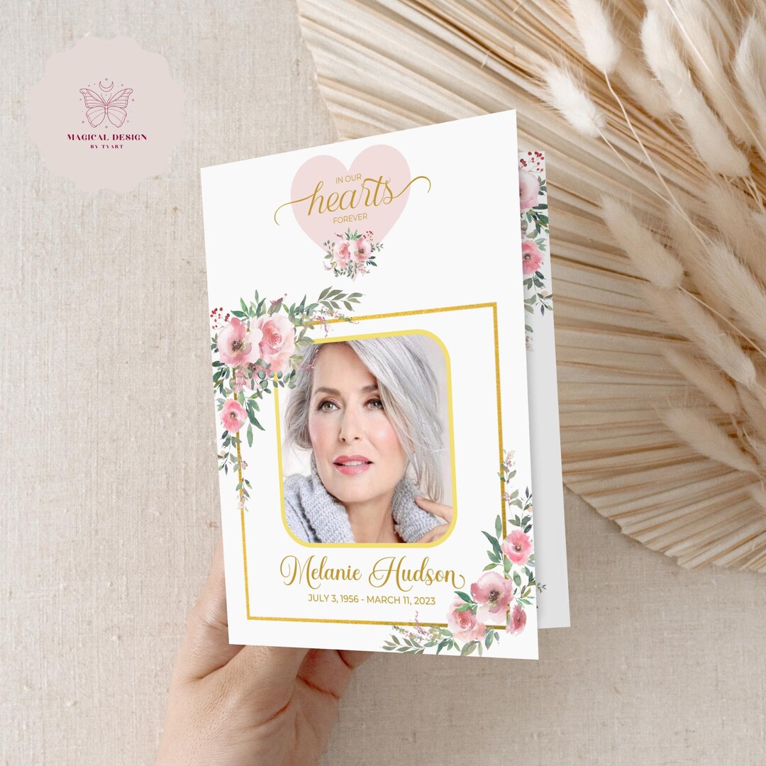 Pink Rose Funeral Program Template for Woman, Editable 4 Pages Obituary ...