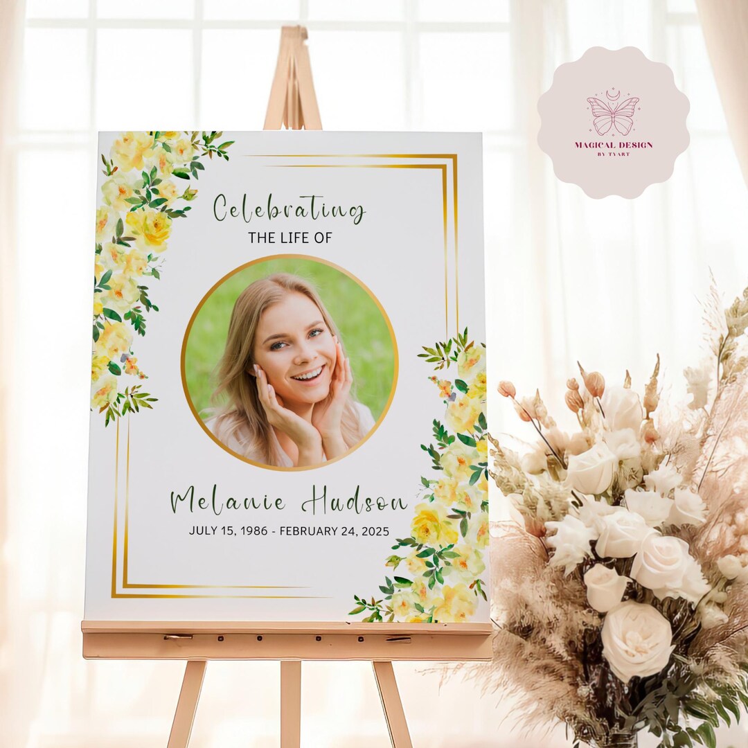 Yellow Roses Memorial Poster Template, Editable Funeral Welcome Sign ...