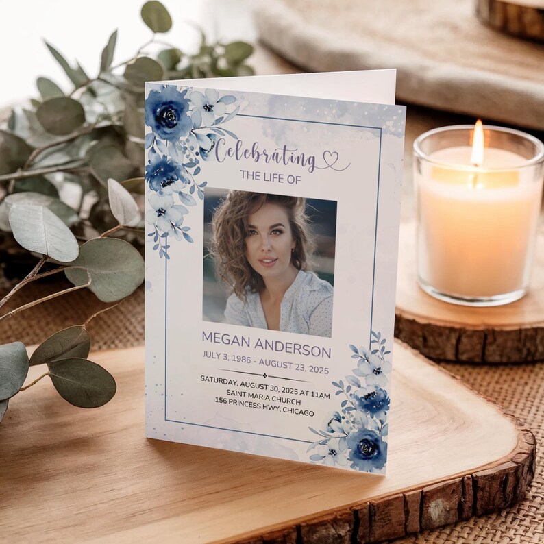 Digital Funeral Program Template Editable Canva Blue Floral Memorial ...