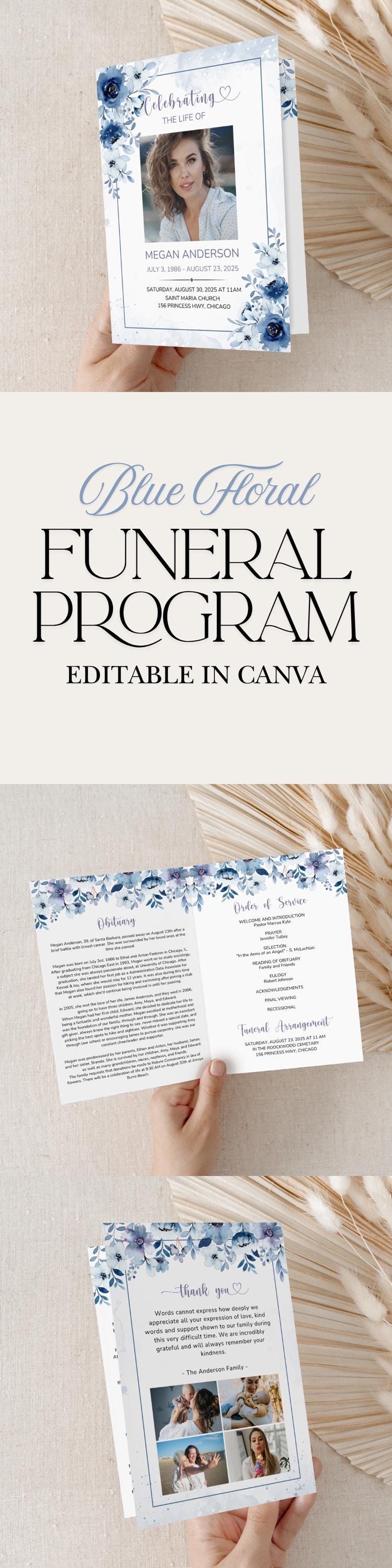 Digital Funeral Program Template Editable Canva Blue Floral Memorial ...