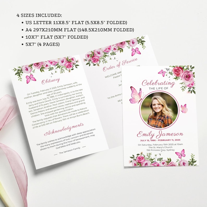 Funeral Program Template Digital Download Editable Memorial Service ...