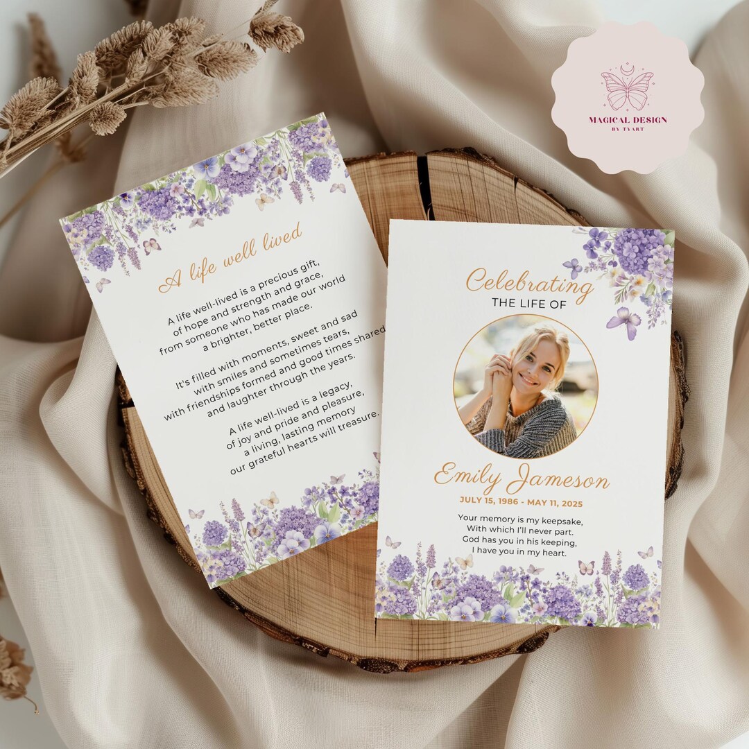 Purple Butterfly Memorial Prayer Card: Funeral Celebration of Life ...